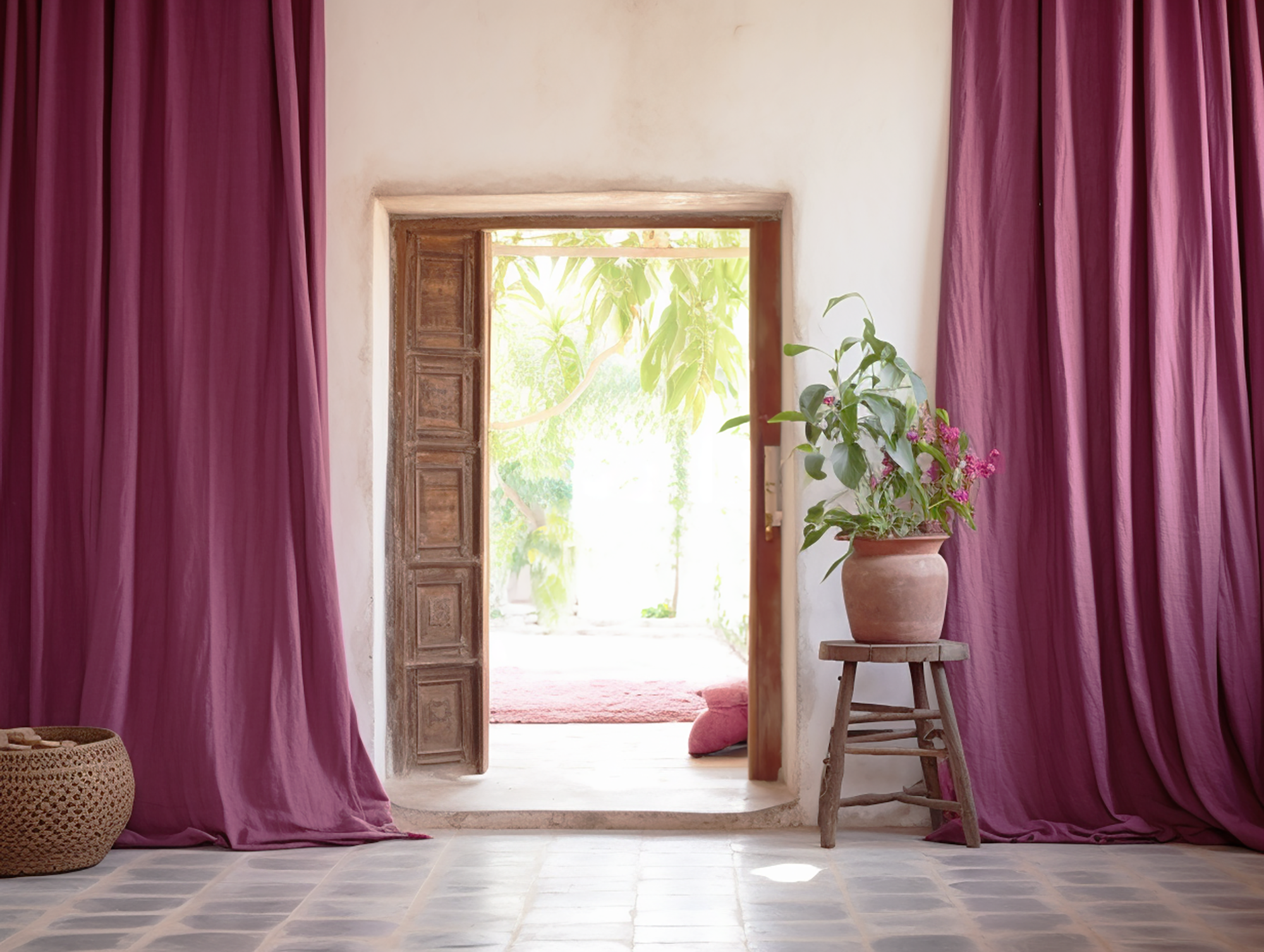 Raspberry linen curtains – True Things